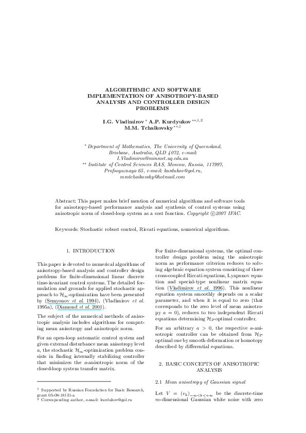 (PDF) Algorithmic and Software Implementation of Anisotropy-Based Analysis and Controller Design ...