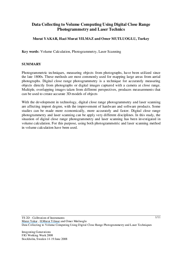 (PDF) Data Collecting to Volume Computing Using Digital Close Range Photogrammetry and Laser ...