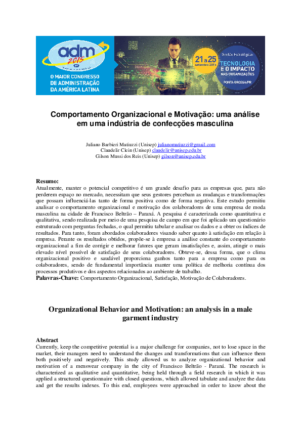 (PDF) Comportamento Organizacional e Motivação: uma análise em uma ...