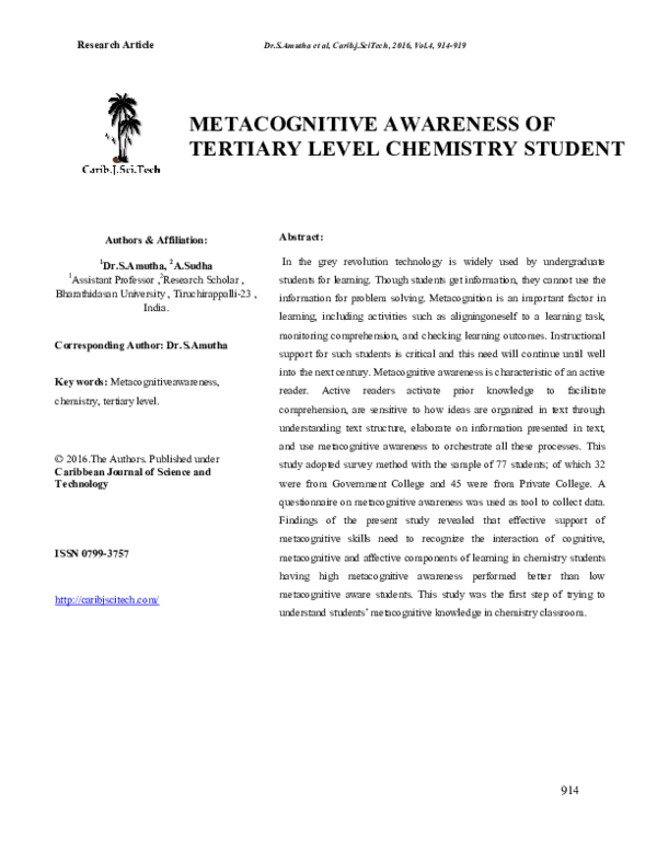 (PDF) METACOGNITIVE AWARENESS OF TERTIARY LEVEL CHEMISTRY STUDENTS