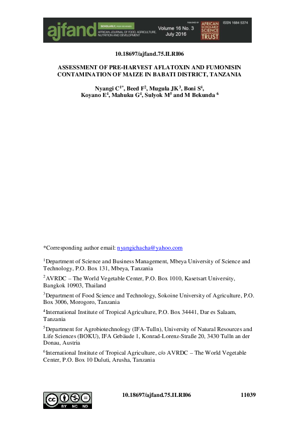 Pdf Assessment Of Pre Harvest Aflatoxin And Fumonisin Contamination
