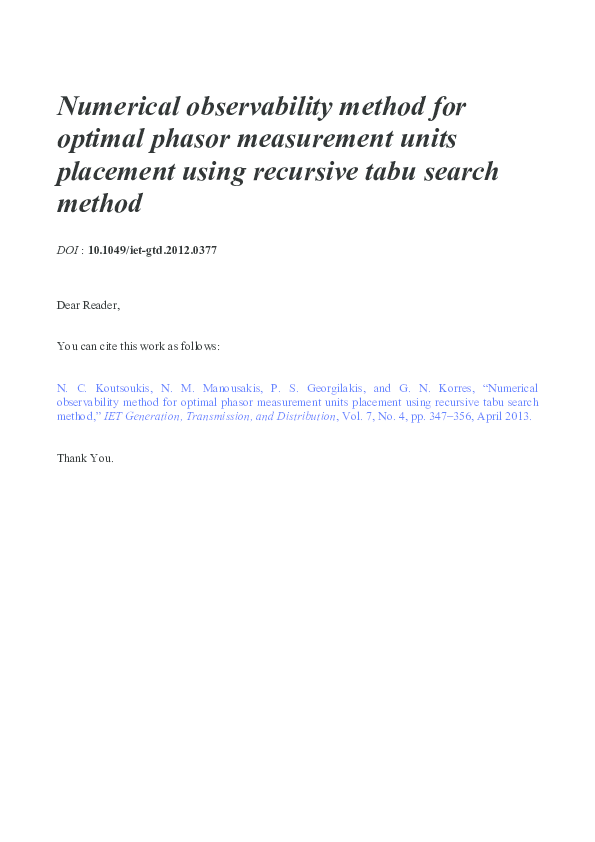 Pdf Numerical Observability Method For Optimal Phasor Measurement Units Placement Using