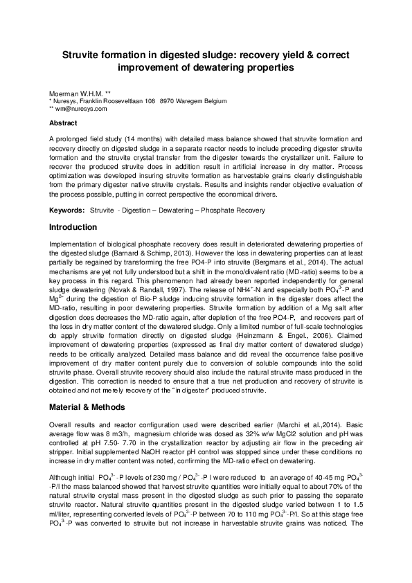 (PDF) Struvite formation in digested sludge: recovery yield & correct improvement of dewatering ...