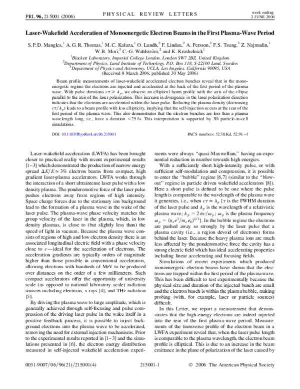 (PDF) Laser-Wakefield Acceleration of Monoenergetic Electron Beams in the First Plasma-Wave Period