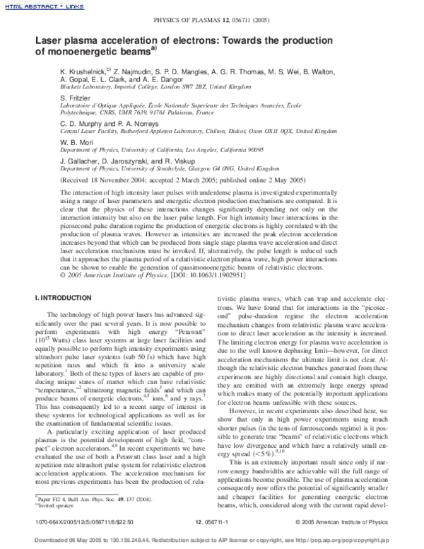(PDF) Laser plasma acceleration of electrons: Towards the production of monoenergetic beams