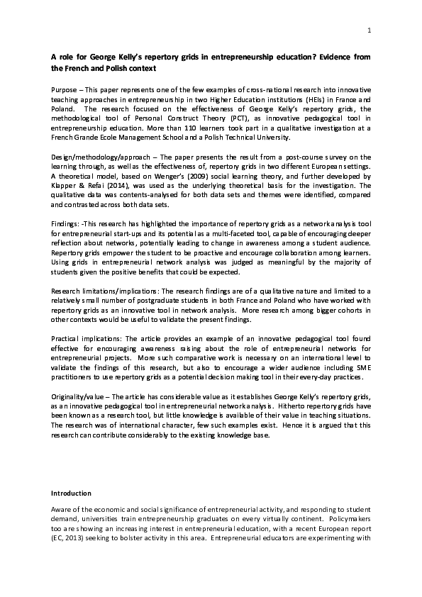 (PDF) A role for George Kelly's repertory grids in entrepreneurship ...