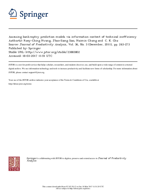 Pdf Assessing Bankruptcy Prediction Models Via Information Content Of Technical Inefficiency