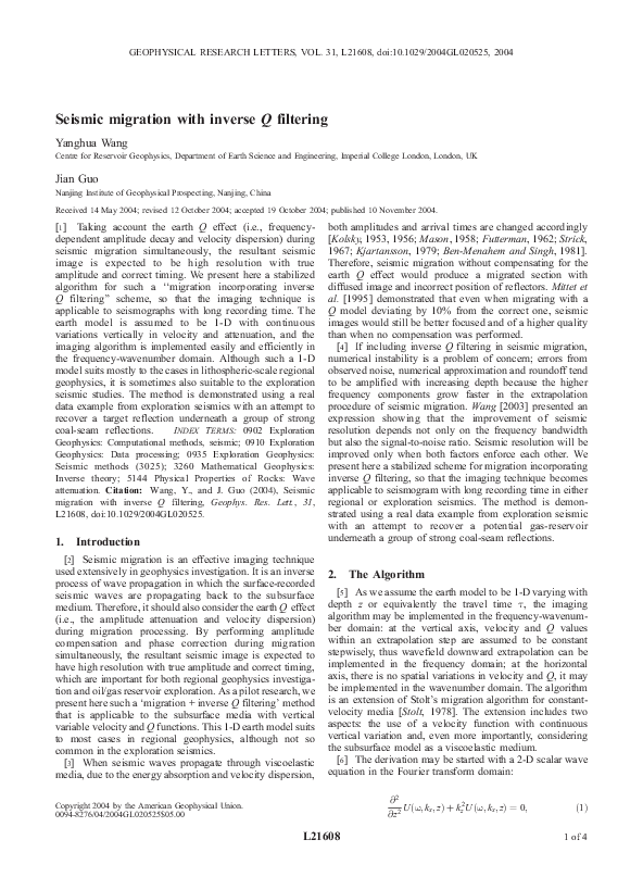 (PDF) Seismic migration with inverse Q filtering