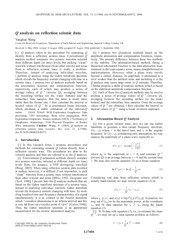Pdf Q Analysis On Reflection Seismic Data