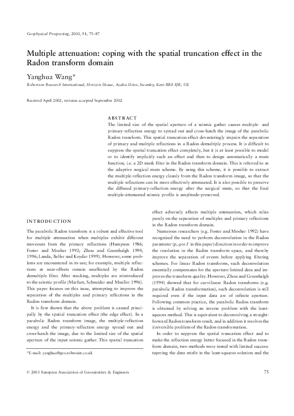 (PDF) Multiple attenuation: coping with the spatial truncation effect in the Radon transform domain