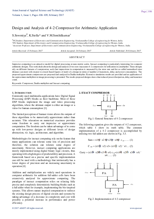 (PDF) Design and Analysis of 4-2 Compressor for Arithmetic Application