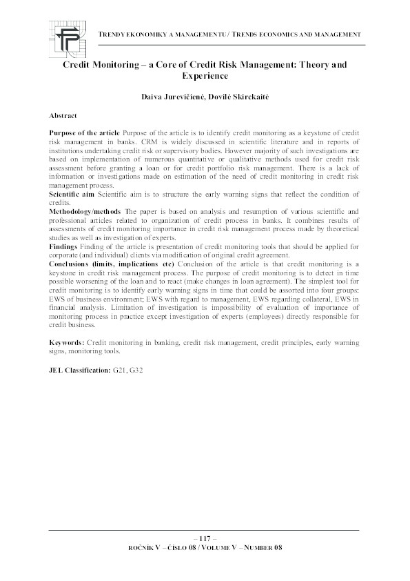(PDF) Credit Monitoring – a Core of Credit Risk Management: Theory and ...