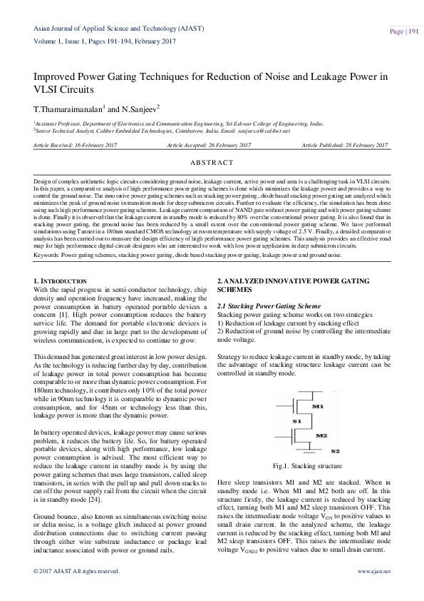 Pdf Improved Power Gating Techniques For Reduction Of Noise And Leakage Power In Vlsi Circuits