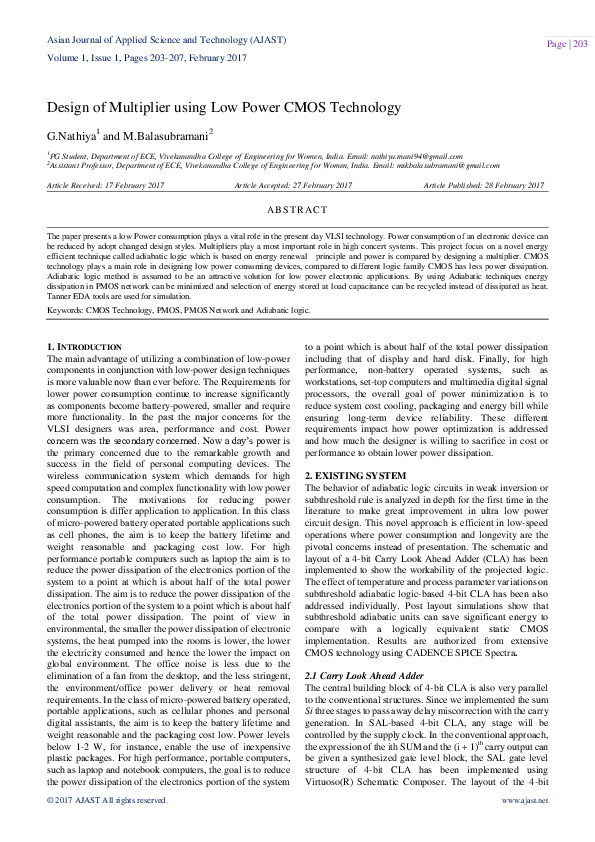 Pdf Design Of Multiplier Using Low Power Cmos Technology