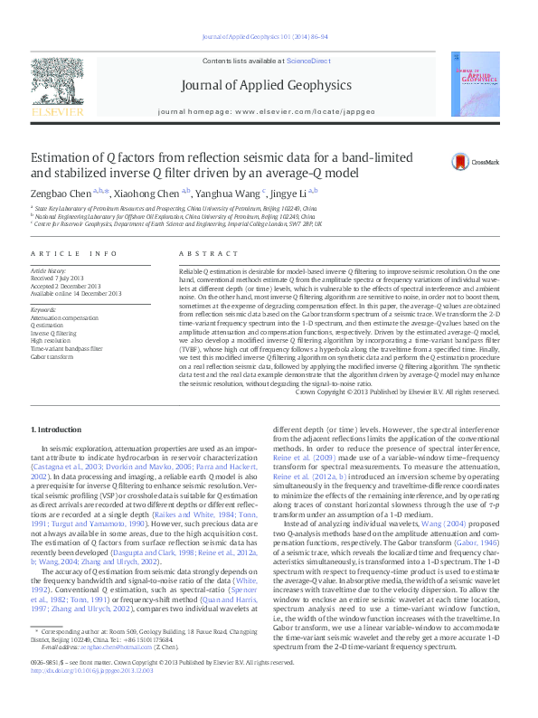 Pdf Estimation Of Q Factors From Reflection Seismic Data For A Band