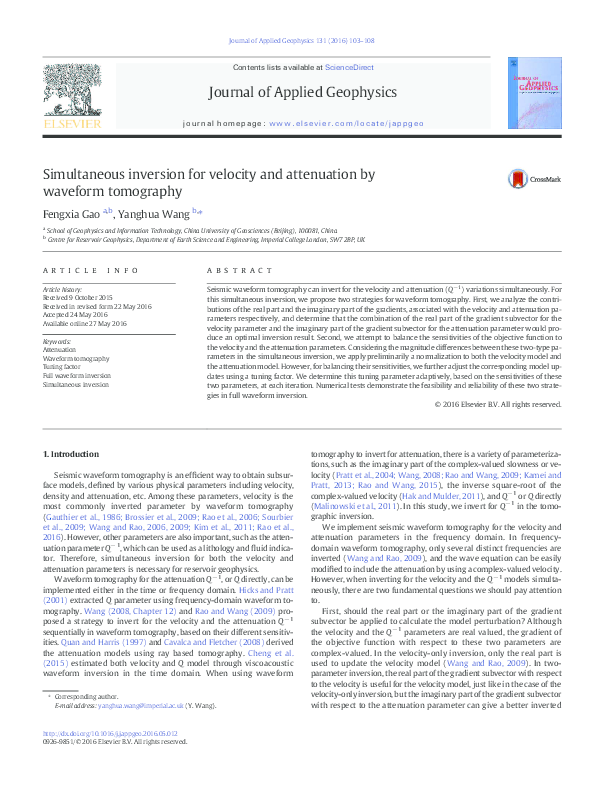 (PDF) Simultaneous inversion for velocity and attenuation by waveform tomography