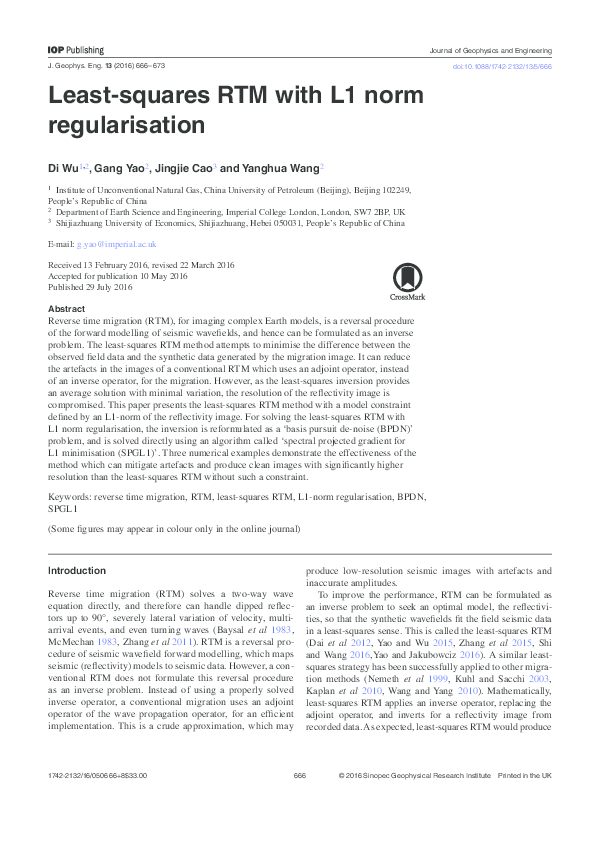 Pdf Least Squares Rtm With L1 Norm Regularisation