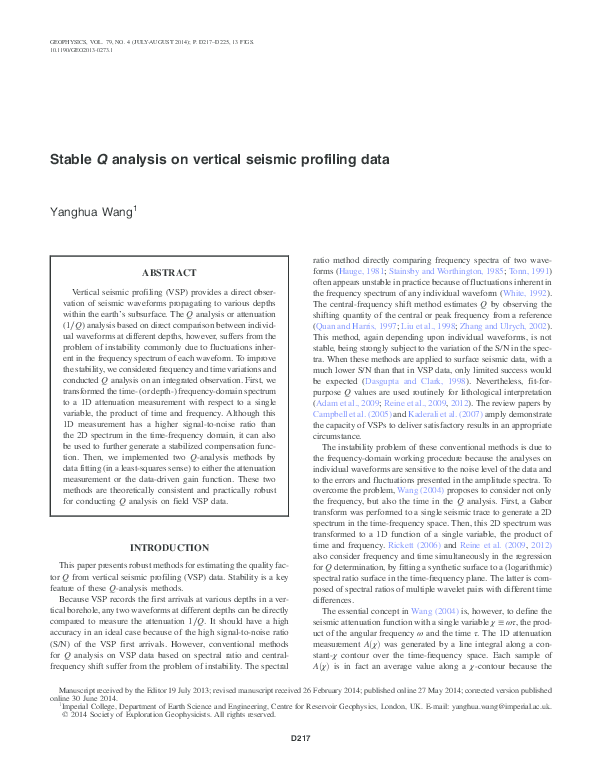 (PDF) Stable Q analysis on vertical seismic profiling data