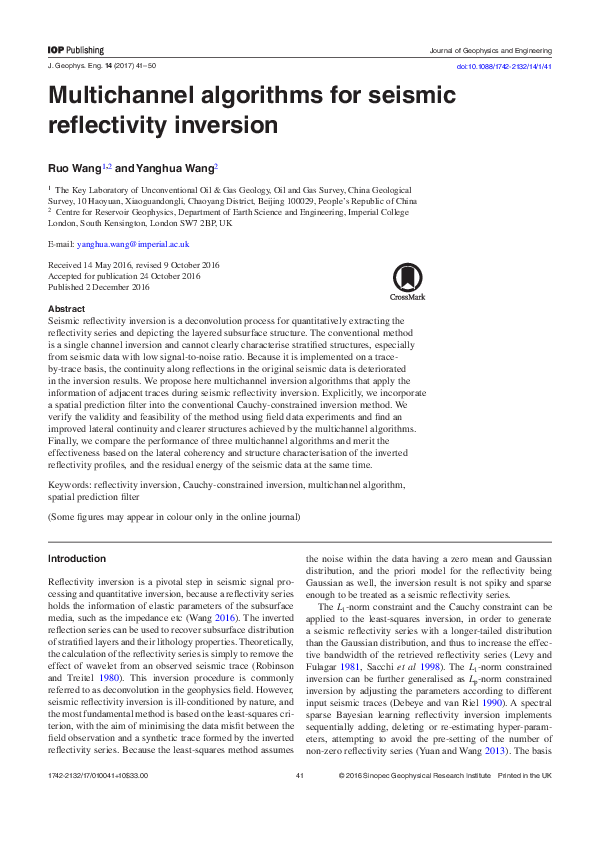 (PDF) Multichannel algorithms for seismic reflectivity inversion