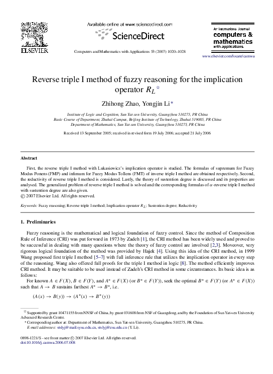 (PDF) Reverse triple I method of fuzzy reasoning for the implication operator