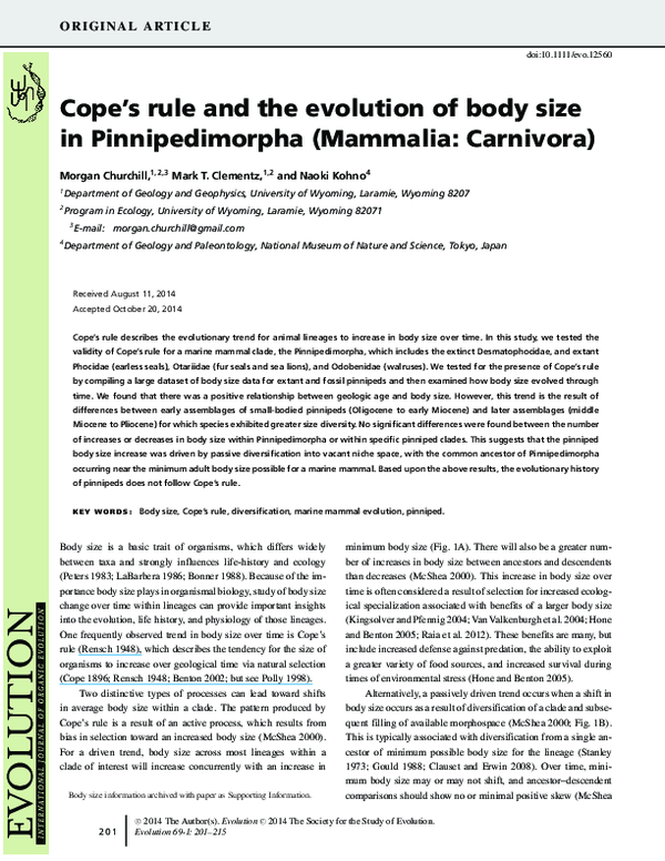 (PDF) Cope's rule and the evolution of body size in Pinnipedimorpha ...