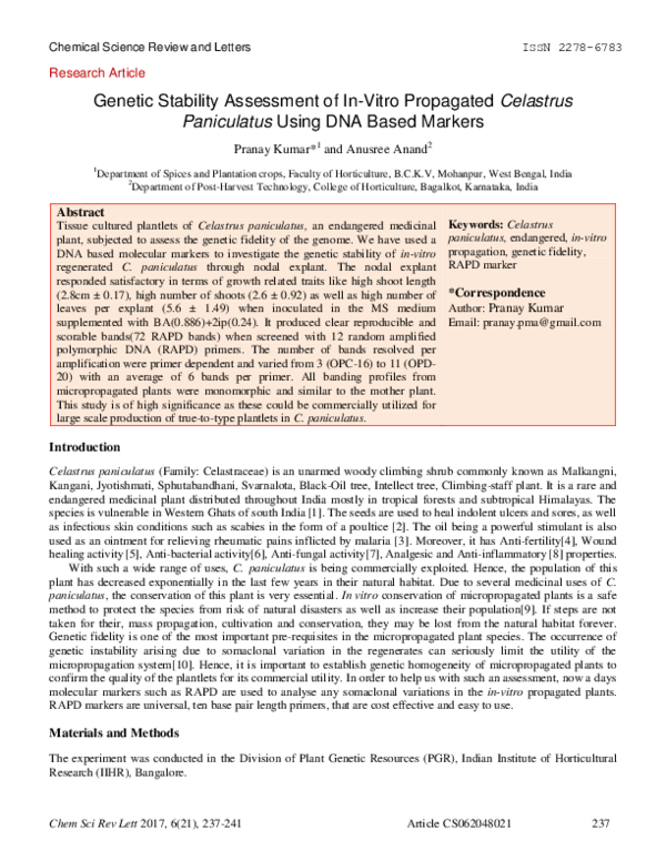 (PDF) Genetic Stability Assessment of In-Vitro Propagated Celastrus ...
