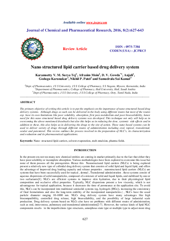 (PDF) Nano structured lipid carrier based drug delivery system