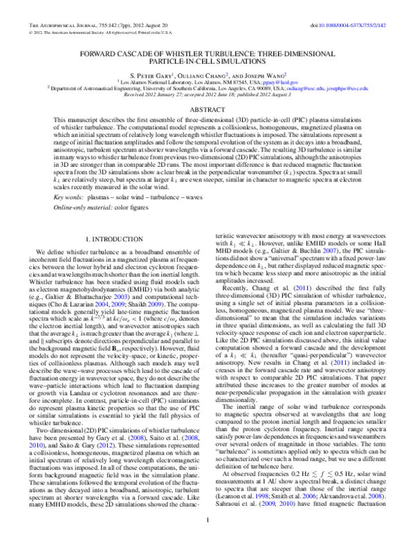 (PDF) Whistler turbulence forward cascade: Three-dimensional particle-in-cell simulations