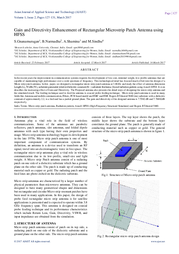 (PDF) Gain and Directivity Enhancement of Rectangular Microstrip Patch Antenna using HFSS