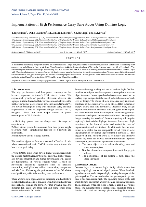 (PDF) Implementation of High Performance Carry Save Adder Using Domino Logic