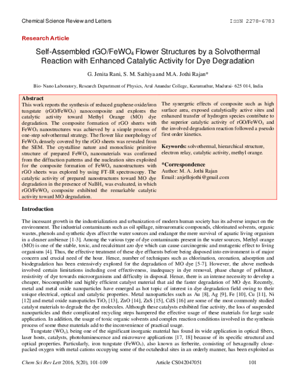 (PDF) Self-Assembled rGO/FeWO 4 Flower Structures by a Solvothermal ...