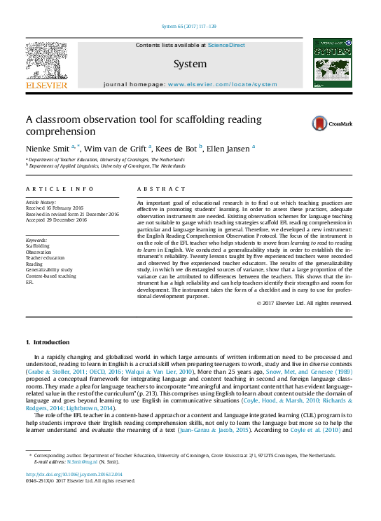 (PDF) A classroom observation tool for scaffolding reading comprehension