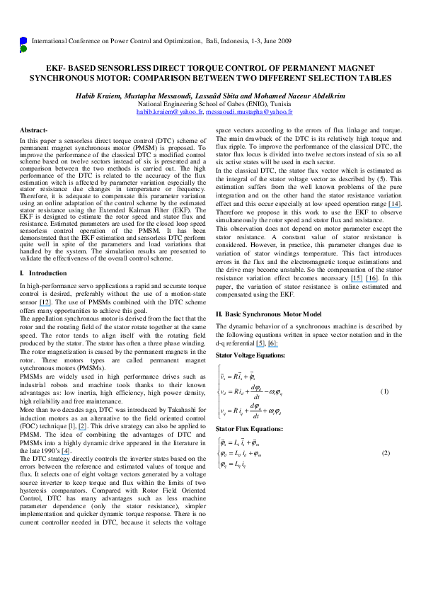 Pdf Ekf Based Sensorless Direct Torque Control Of Permanent Magnet Synchronous Motor