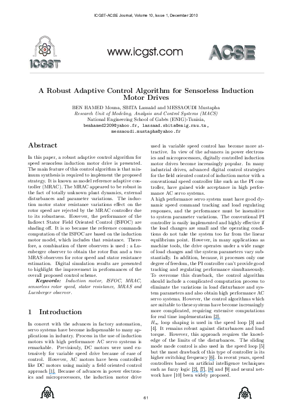 Pdf A Robust Adaptive Control Algorithm For Sensorless Induction