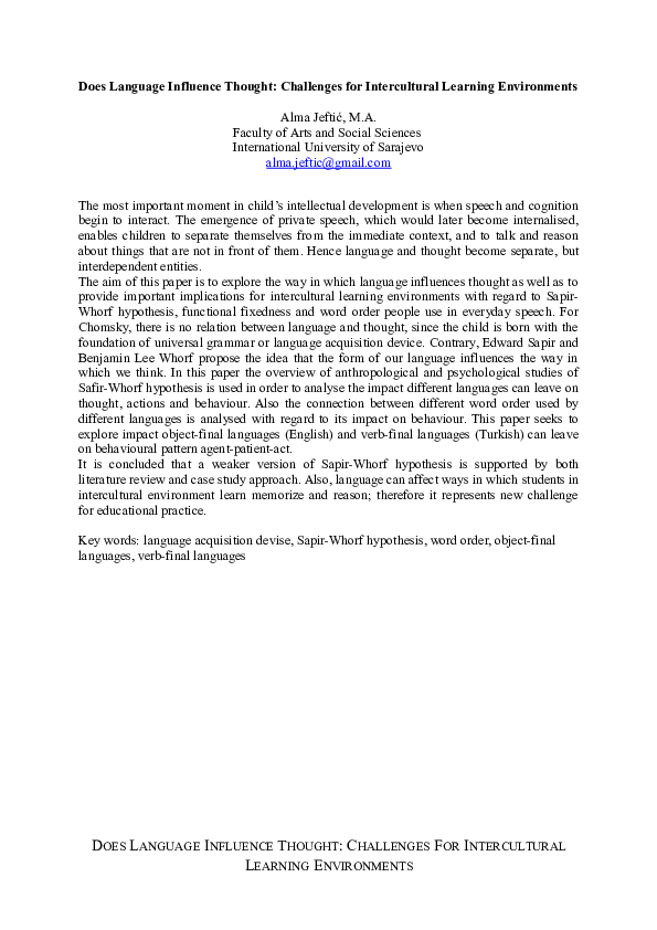 (DOC) Does Language Influence thought: Challenges for Intercultural ...