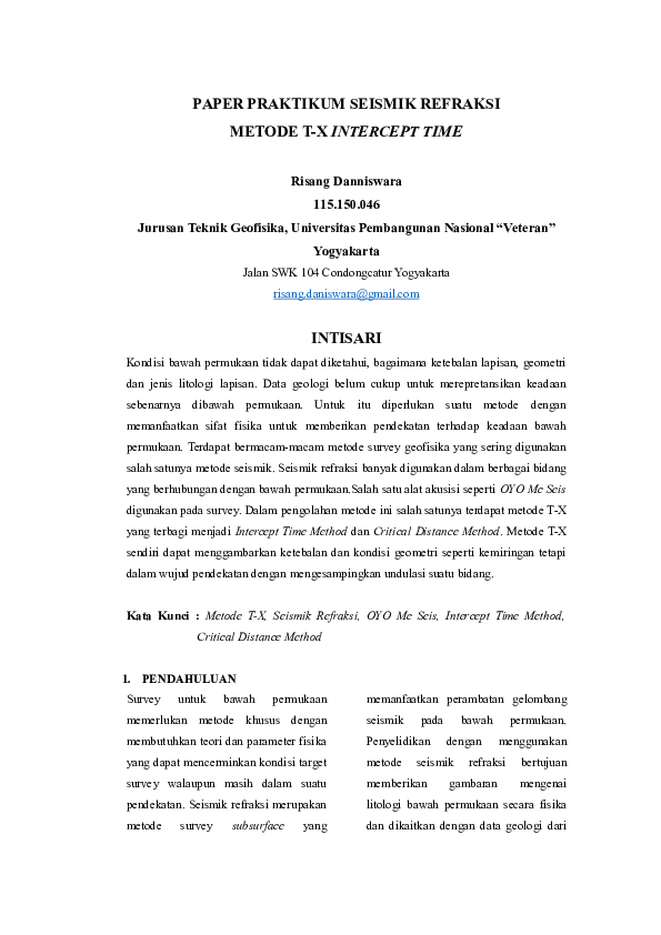 (DOC) PAPER PRAKTIKUM SEISMIK REFRAKSI METODE T-X INTERCEPT TIME