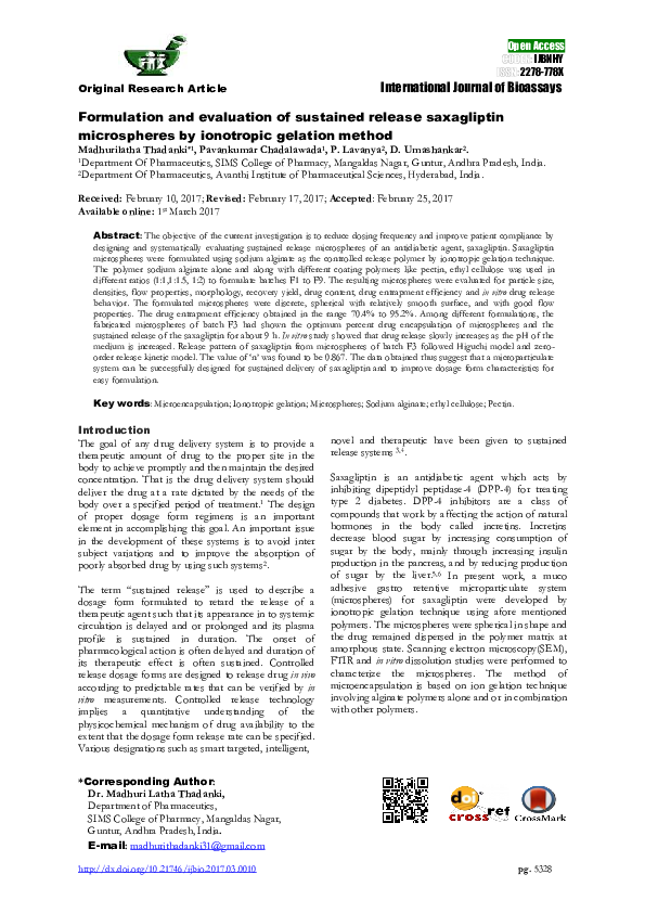 Pdf Formulation And Evaluation Of Sustained Release Saxagliptin Microspheres By Ionotropic