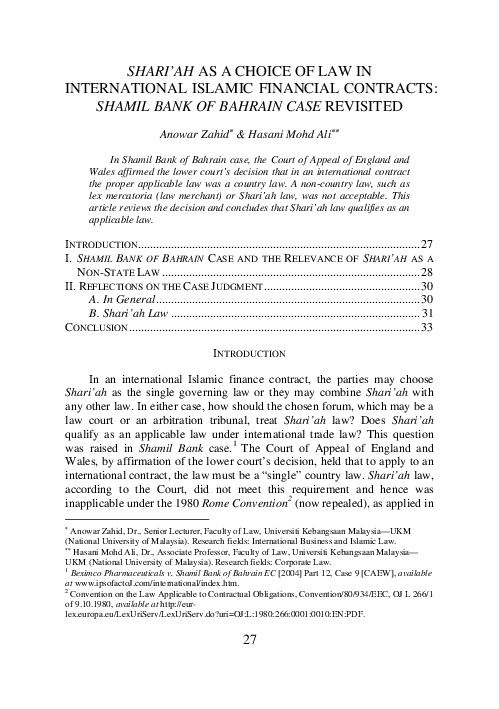 (PDF) SHARI'AH AS A CHOICE OF LAW IN INTERNATIONAL ISLAMIC FINANCIAL ...