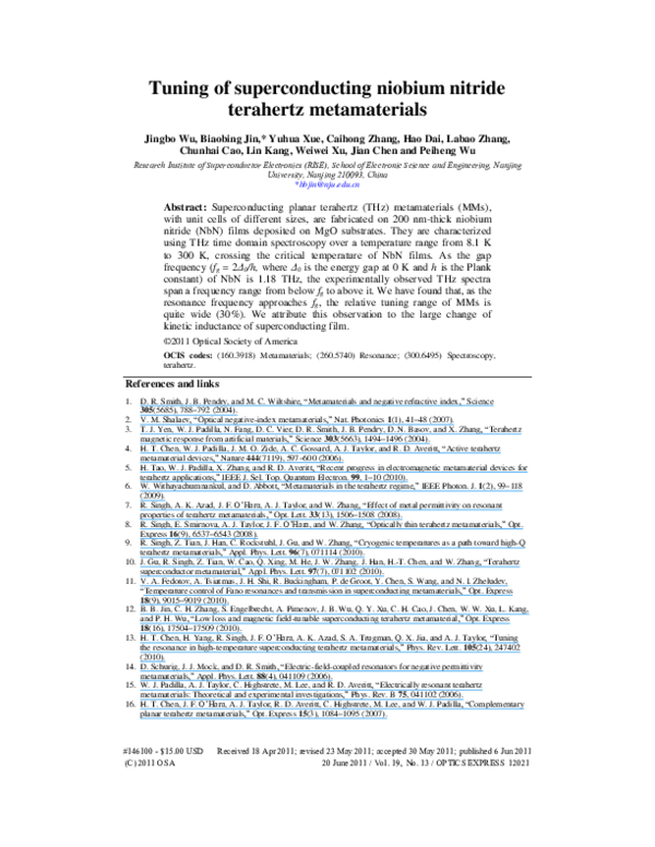 (PDF) Tuning of superconducting niobium nitride terahertz metamaterials