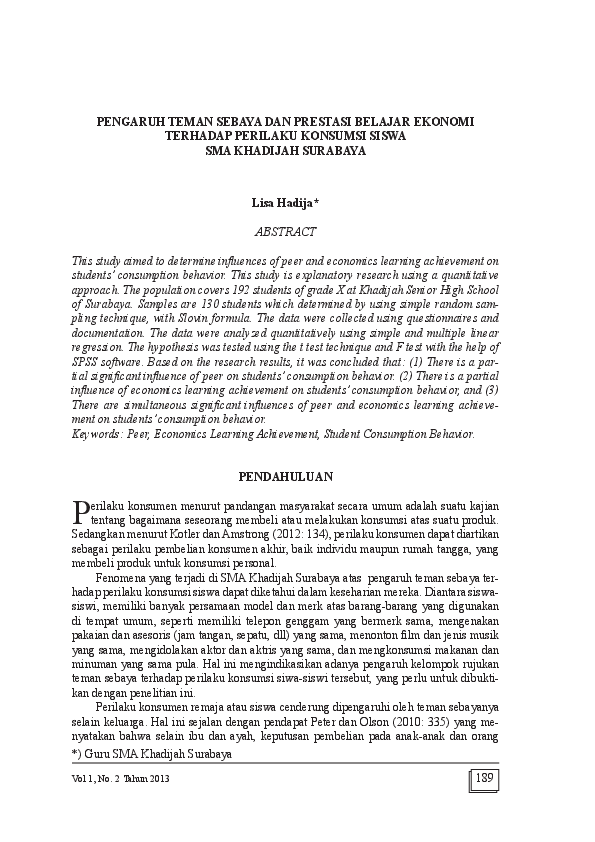 (PDF) PENGARUH TEMAN SEBAYA DAN PRESTASI BELAJAR EKONOMI TERHADAP PERILAKU KONSUMSI SISWA SMA ...