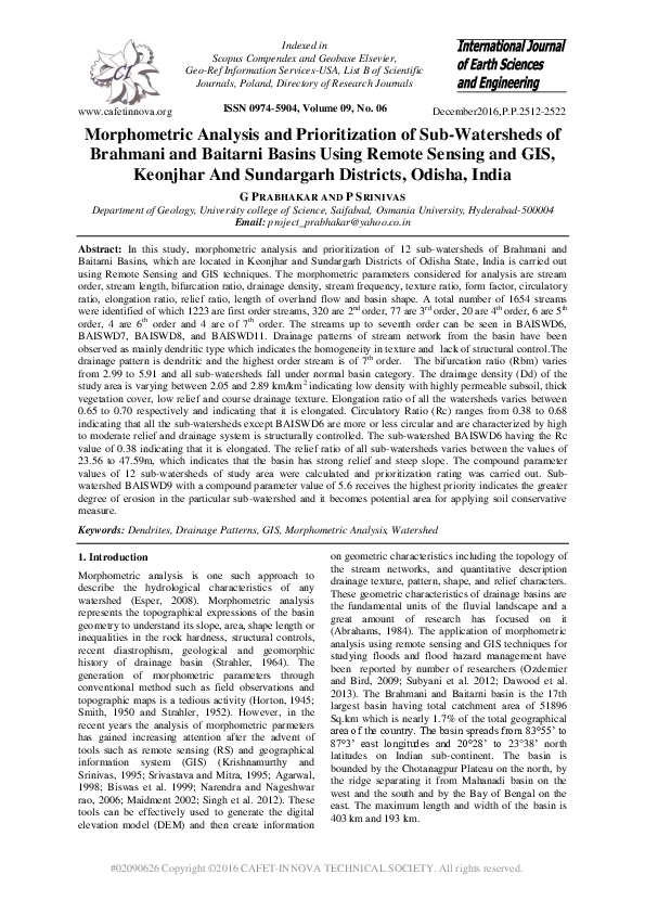 Pdf Morphometric Analysis And Prioritization Of Sub Watersheds Of Brahmani And Baitarni Basins