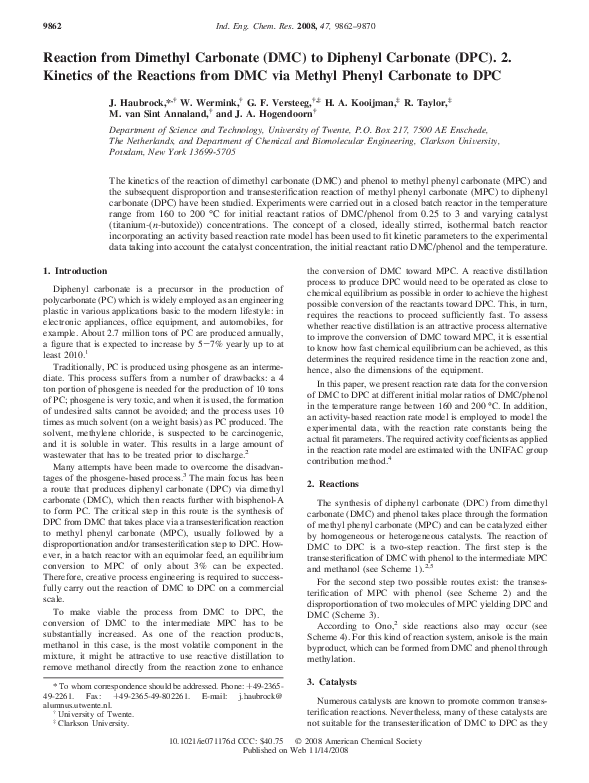 (PDF) Reaction from Dimethyl Carbonate (DMC) to Diphenyl Carbonate (DPC ...
