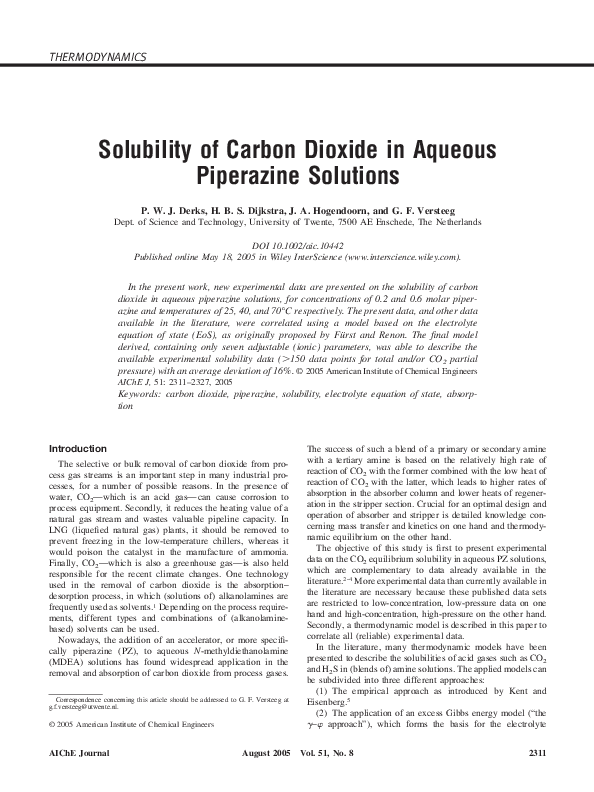 (PDF) Solubility of carbon dioxide in aqueous piperazine solutions