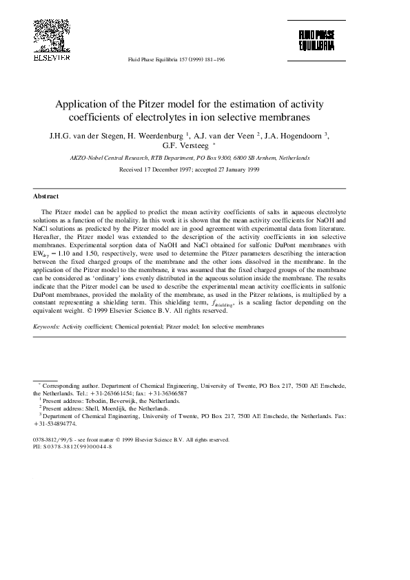 (PDF) Application of the Pitzer model for the estimation of activity ...
