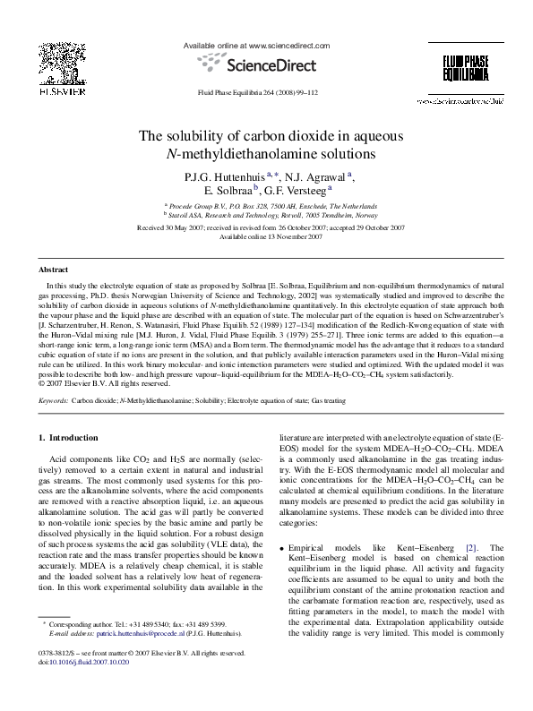 (PDF) The solubility of carbon dioxide in aqueous N-methyldiethanolamine solutions