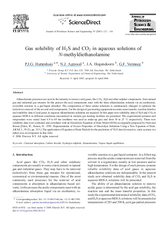 (PDF) Gas solubility of H2S and CO2 in aqueous solutions of N-methyldiethanolamine
