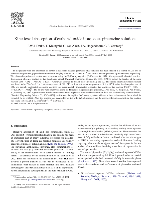 (PDF) Kinetics of absorption of carbon dioxide in aqueous piperazine solutions