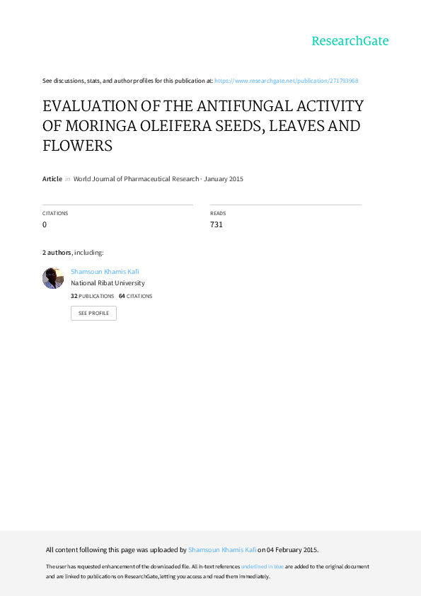 (PDF) EVALUATION OF THE ANTIFUNGAL ACTIVITY OF MORINGA OLEIFERA SEEDS, LEAVES AND FLOWERS THE ...