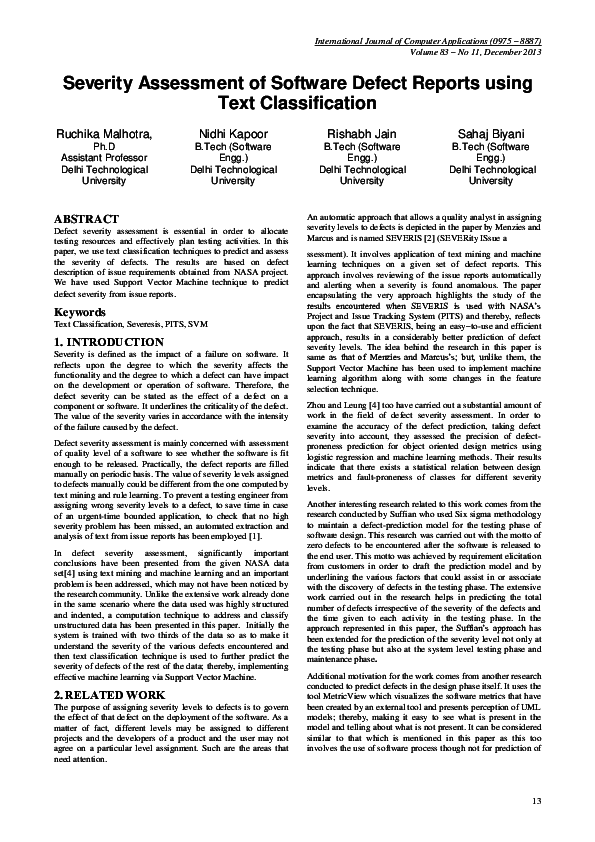(PDF) Severity Assessment of Software Defect Reports using Text Classification