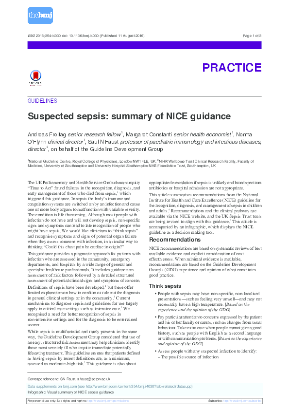 (PDF) Suspected sepsis: summary of NICE guidance